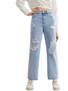 sweatyrocks girl's ripped straight leg jeans zipper fly distressed denim pants with slant pockets light wash 14y