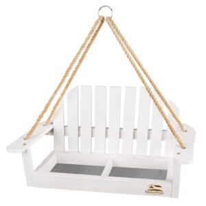 solution4patio white swing wild bird feeder for outside, metal mesh bottom, cute bench bird feeder or squirrel feeder for yard, porch decoration, large capacity, easy to fill & clean, #8455