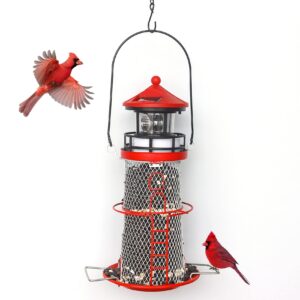 hshd solar lighthouse bird feeder with rotating beacon lamp - 14" hanging mesh wild bird feeders for outdoor garden decor patio lawn(red)