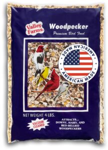 valley farms woodpecker mix wild bird food, no mess bird seed for outdoor feeders, w/peanuts and sunflower hearts for birds, woodpecker food, attract all bird species (4 lbs)