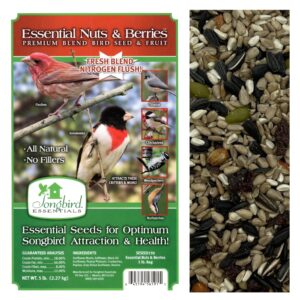 songbird essentials wild bird food, essential nuts and berries premium blend bird seed, nuts and fruit, 5 pound bag, nitrogen flushed