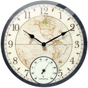 infinity instruments orbis indoor outdoor wall clock and thermometer, traditional world map face with modern tempered glass design, 14 inch, black