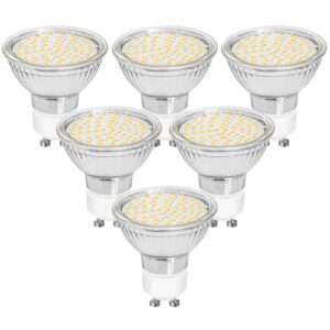 gu10 led light bulbs dimmable daylight white 5000k 4w 2 prong light bulbs halogen replacement lamp 50w 40w mr16 (gu10 base) spotlight track lighting bulb, 450lm 120° flood beam angle, pack of 6