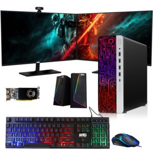 hp g3 gaming desktop pc, intel core i7 6th gen, amd rx 550 graphics, 32gb ram, 240gb ssd + 1tb hdd, mtg 27 inch dual monitor, rgb keyboard mouse, speaker, webcam, win 10 pro (renewed)