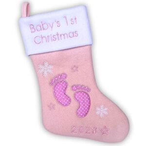 heart's sign babys first christmas stocking 2024 footsteps | my first christmas baby boy and baby girl | newborn stockings christmas ornaments | newborn christmas decor (pink)