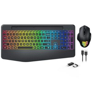 wireless keyboard and mouse with 9 colored backlit, wrist rest, jiggler mouse, rechargeable silent ergonomic light up keyboard mouse combo with phone holder for windows, mac, pc, laptop