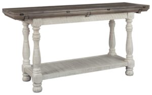 signature design by ashley havalance farmhouse sofa table, flip top design for additional dining space and fixed lower shelf, gray & white with weathered finish