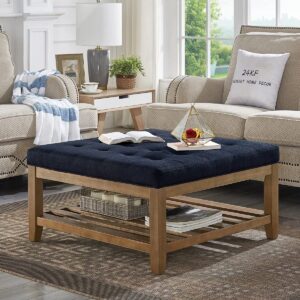 24kf large square upholstered tufted linen ottoman, large footrest ottoman with solid wood shelf- navy blue