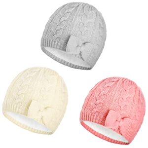 satinior 3 pieces fleece lined baby beanie with bow, infant newborn toddler kids winter warm knit cap for boys girls (beige, pink, grey,6-24 months)