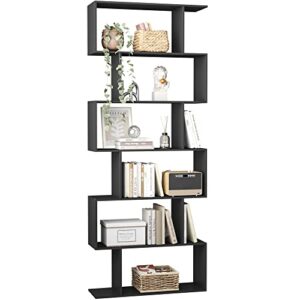 homefort wooden geometric bookshelf,6-tier s-shaped bookcase,6 shelf morden bookshelves,unique freestanding tall book shelf and book case for bedroom and living room home office,black