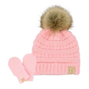 c.c babies' winter cable knit beanie and fuzzy lined mitten set, faux fur pom pale pink