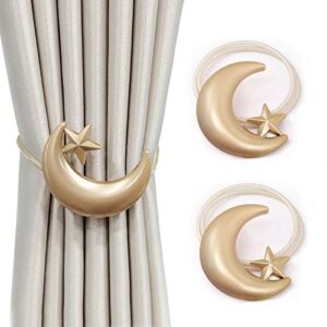 canjuxk 2 pack curtain tie,magnetic curtain tiebacks,star moon curtain decorative weave rope curtain holdbacks holder for window decor, curtain clips rope straps magnet for home office (gold)