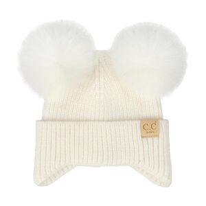 c.c baby double fur pom pom beanie with ear flap for boys girls soft warm infant toddler knit skully hat with faux fur ivory