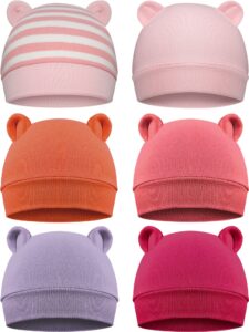 6 pieces newborn baby hat bear ears infant caps baby boy girl toddler hats infant beanie caps for 0-3 months (pink white, light pink, dark pink, orange, rose red, purple,classic)