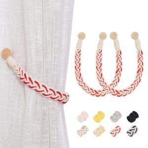 niceec 2 pack wood strong magnetic curtain tiebacks boho style decorative drape tie backs natural cotton hand-woven soft rope curtain holdbacks for home & office draperies decor (beige & red)