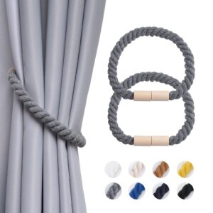 niceec 2 pack wooden magnetic curtain tiebacks boho home decoration drape tie backs natural cotton handmade rope curtain holdbacks for thin or thick home & office window drapery (grey)