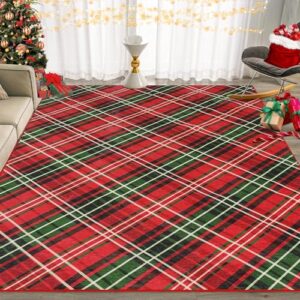 caremee plaid merry christmas area rug 6' x 4' red indoor non-slip washable retro christmas home decor living room bedroom fireplace children's play area entryway gift