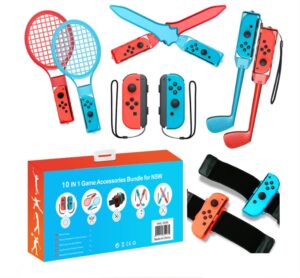 yikeshu switch sports accessories bundle for nintendo switch, 10 in 1 family ns sport game switch oled kits with tennis rackets, golf clubs, chambara swords, soccer leg straps & joycon grips