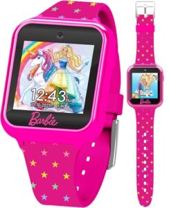 barbie kids smart watch - interactive touchscreen with games, selfie camera, step tracker, alarm, and stylish printed silicone strap - fits wrists 5.5" to 8.5"