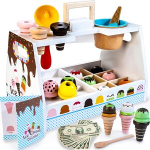 wooden ice cream toy for kids, 33 pcs pretend play food for toddlers 3-5 portable ice cream stacking toy, montessori toddler toy kitchen playset gift for ages 3+