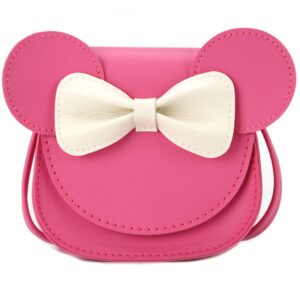 ondeam little mouse ear bow crossbody purse,pu shoulder handbag for kids girls toddlers(rose pink)