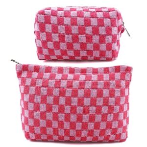 wowang 2pcs cute makeup bag checkered cosmetic bag makeup pouch travel toiletry bag for women aesthetic accessories makeup brushes storage bag organizer (pink)