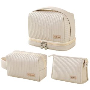 cute cosmetic bag makeup bag set of 3 travel toiletry bag women cosmetic bag organizer waterproof leather cosmetic bag set with handle zipper cosmetic bag on-the-go cosmetic bag(off-white color)