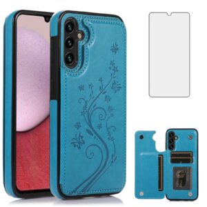 asuwish phone case for samsung galaxy a14 5g with tempered glass screen protector card holder wallet cover stand flip leather cell accessories glaxay m14 a 14 4g 14a 14m g5 cases women men blue