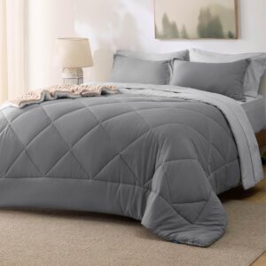 bedsure twin comforter set - 5 pieces reversible grey bedding, twin size bed set for all seasons, bed in a bag with down alternative comforter, sheets, pillowcase & sham