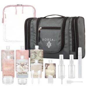 borsali travel hanging toiletry bag for women with travel bottles and tsa approved clear cosmetic, 3-1-1 liquids bag, complete toiletry set includes portable mirror, storage bag and gift box