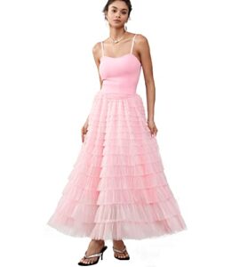 women's tulle maxi dress spaghetti strap layered fluffy ruflfle prom birthday party long dress