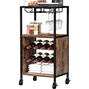 szlhanjz wine cart, small liquor cart with glass holder, rolling side table for beverage serving, wood and metal bar cart with wine rack for home bar, kitchen, living room, rustic brown