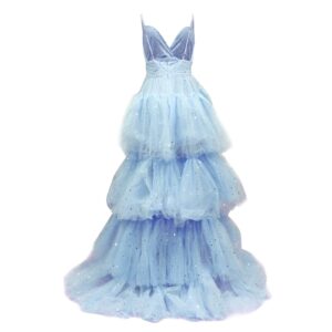 a line dresses for women wedding guest tulle prom dress v neck a line high low evening party gown ruffles maxi dress blue