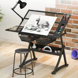 drawing table glass drafting table desk, height adjustable drafting table, 0-50°tilting drawing desk, artist desk study table with 2 slide drawers for reading, writing art craft work station beautiful