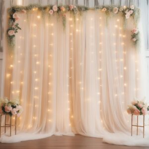 10×10ft champagne tulle backdrop curtain with lights string for parites, sheer curtain backdrop drapes for wedding party home decorations