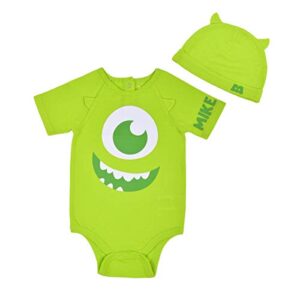 disney baby’s short sleeve creeper with cap, monsters' wazowski, romper set, lime, size 6m