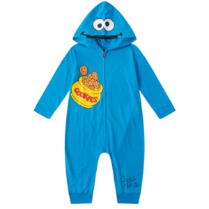 sesame street boys’ elmo or cookie monster zip up long sleeve hooded romper for newborn, infant and toddler kids