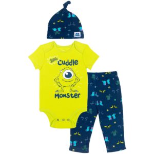 disney pixar monsters inc. mike infant baby boys 3 piece outfit set: bodysuit pants hat blue/green 12 months