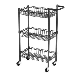 singaye 3-tier utility mesh basket cart with handle,170lbs load capacity evenly distributed,metal storage basket cart,black, 17.29" w x 11.4" d x30.26 h