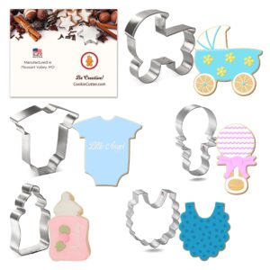 foose cookie cutters baby shower cookie cutter 5 piece set 3.25" bib, 4" rattle, 4" bottle, 4" baby body suit, 4" carriage, usa