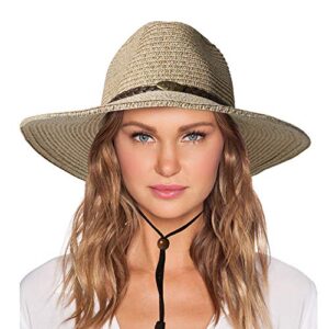 womens straw sun hat classic flat beach hat mens garden hat cowboy style hat with wind lanyard upf 50+ summer hat beige