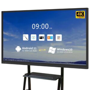 65'' smart digital whiteboard, interactive board 4k uhd smartboard touchscreen display, all in one computer for classroom and business (board + black stand)