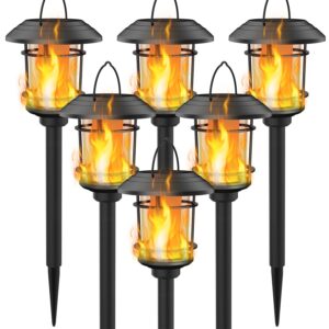 dynaming 6 pack solar flame torch lights outdoor, dual use flickering flame garden light, hanging lantern lights, auto on/off & waterproof landscape lighting for lawn patio yard walkway driveway