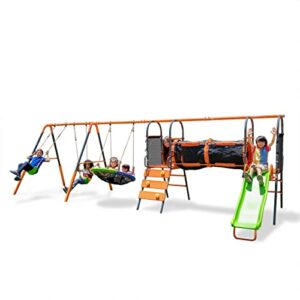 jungle warrior anaconda metal swing set with 45" saucer swing, 2 sling swings, rock climbing wall and 5ft slide with slide