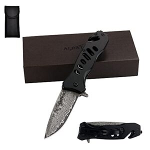 albatross edc cool tactical folding pocket knife with modern damascus steel blade, speedsafe spring assisted opening knifes with liner lock,pocketclip,glass breaker,seatbelt cutter, gifts box(black)