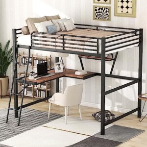 full size metal loft bed with mdf desk and storage shelf, multifunctional loft bed with ladder and guard rail, space saving, no box spring needed for boys girls teens adults (black, full)