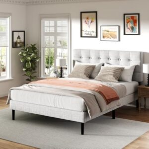 unizone queen size bed frame with button tufted upholstered headboard, linen platform bed with wood slats support, mattress foundation, no box spring needed, easy assembly, light grey