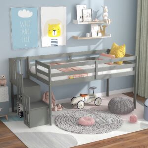 citylight low loft bed with staircase,twin size kids loft bed with step storage,wood loft bed frame twin with safety guardrails for girls, boys,grey