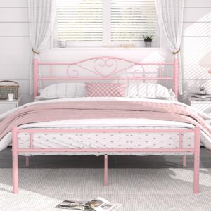 vecelo 14 inch queen size metal platform bed frame with headboard and footboard, heavy duty mattress foundation with steel slats support, no box spring needed, pink