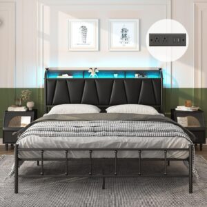 halitaa black queen bed frame with led lights and charing station,upholstered headboard with storage shelves,farmhouse platform bed,no box spring needed